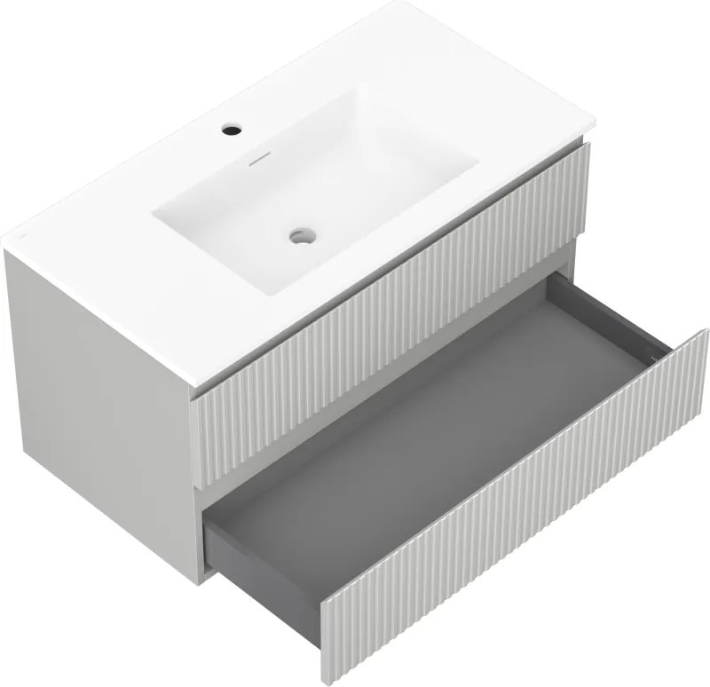 Mexen Rivel, koupelnová skříňka 90 cm s umyvadlem Otis, 2 zásuvky, drážkovaná, šedá matná/bílá, 91A20-09047-2-BFF62-W18M01