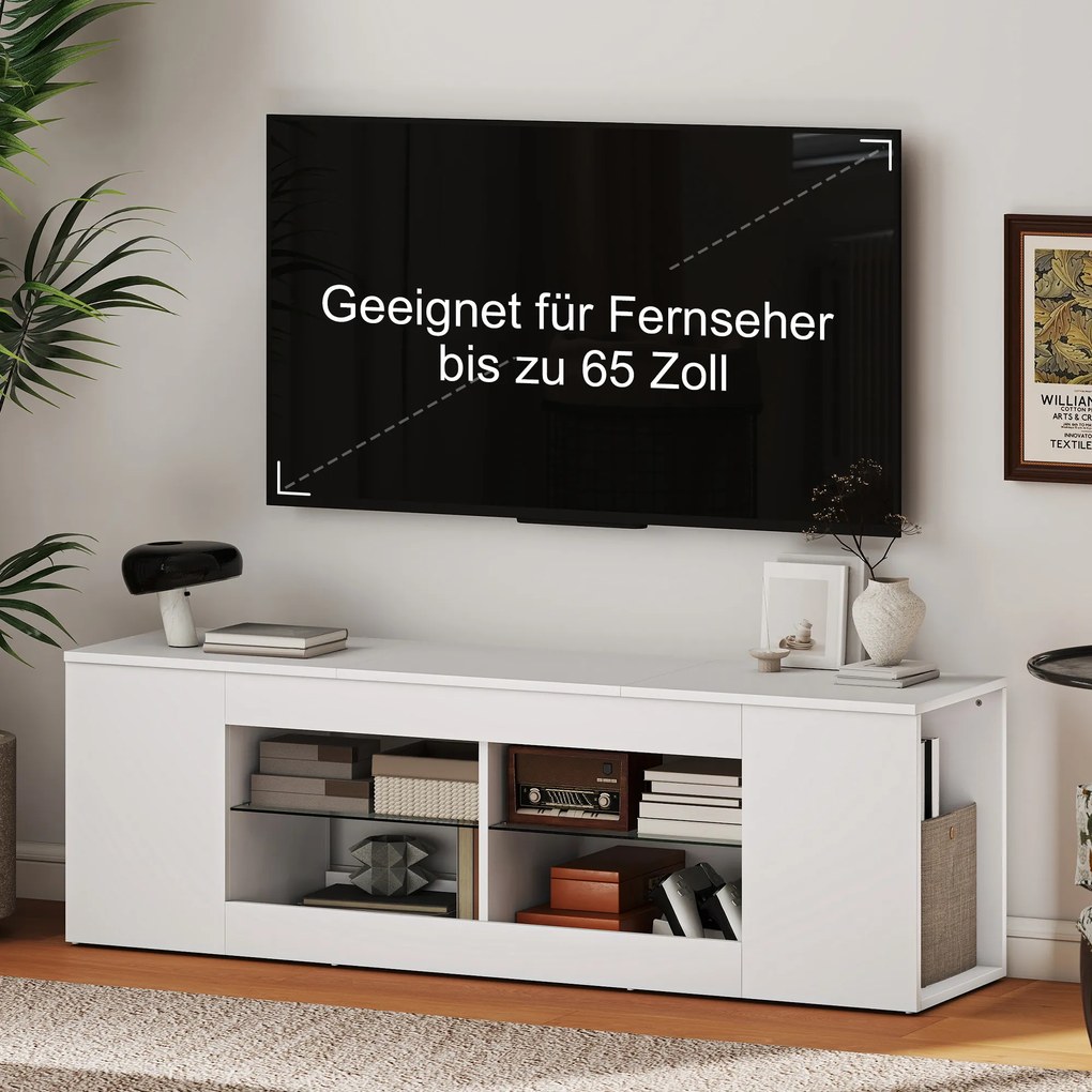 HOMCOM 140 cm TV stojan, televizní komoda, 6 přihrádek, 2 skleněné police, dřevotříska, bílá