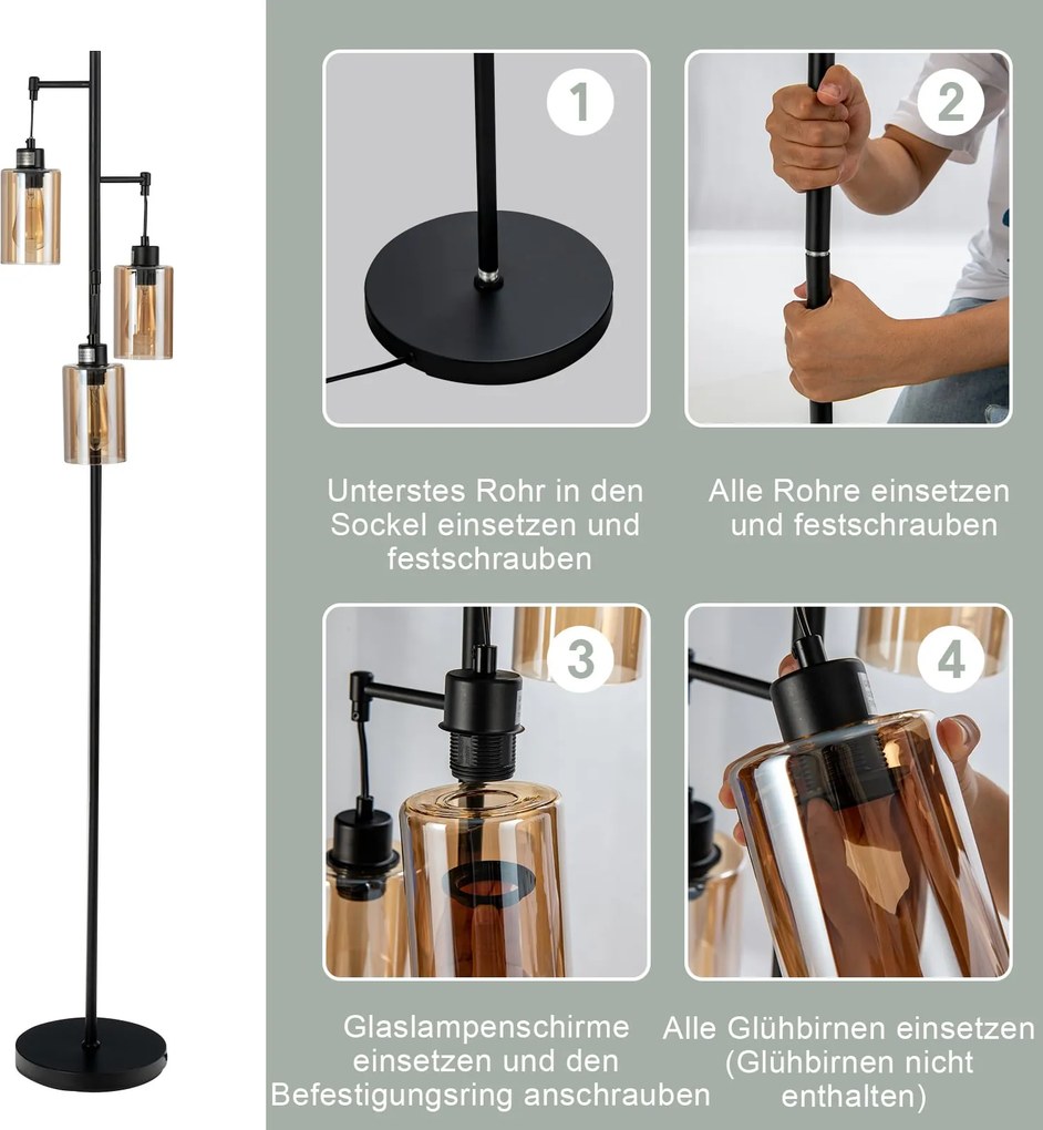Costway Stojací lampa 164 cm s 3 závěsnými stínidly z jantarového skla a nožním