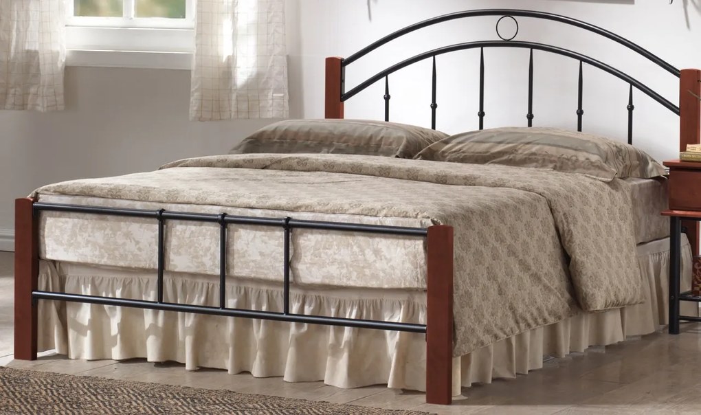 Manželská postel kovová 160x200 cm s roštem v dekoru třešeň antická KN139