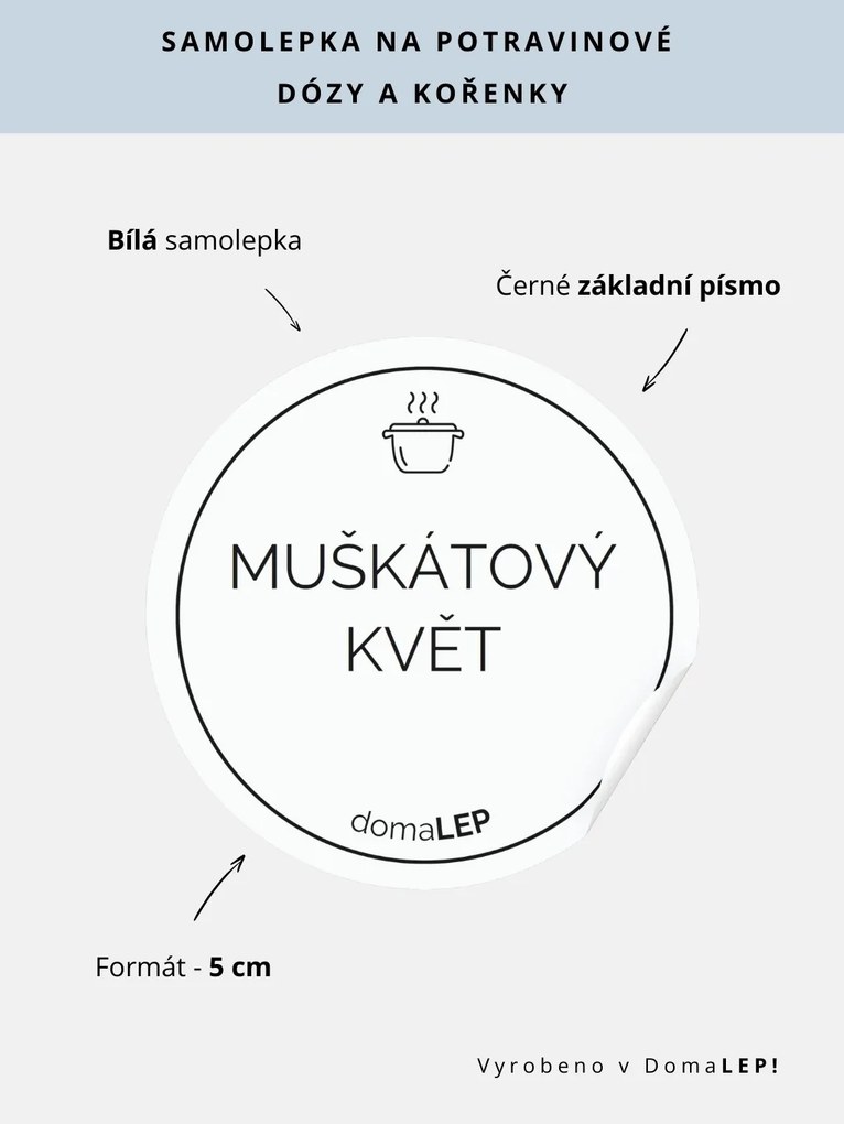 Samolepka na kořenky MUŠKÁTOVÝ KVĚT bílá 5 cm základní písmo