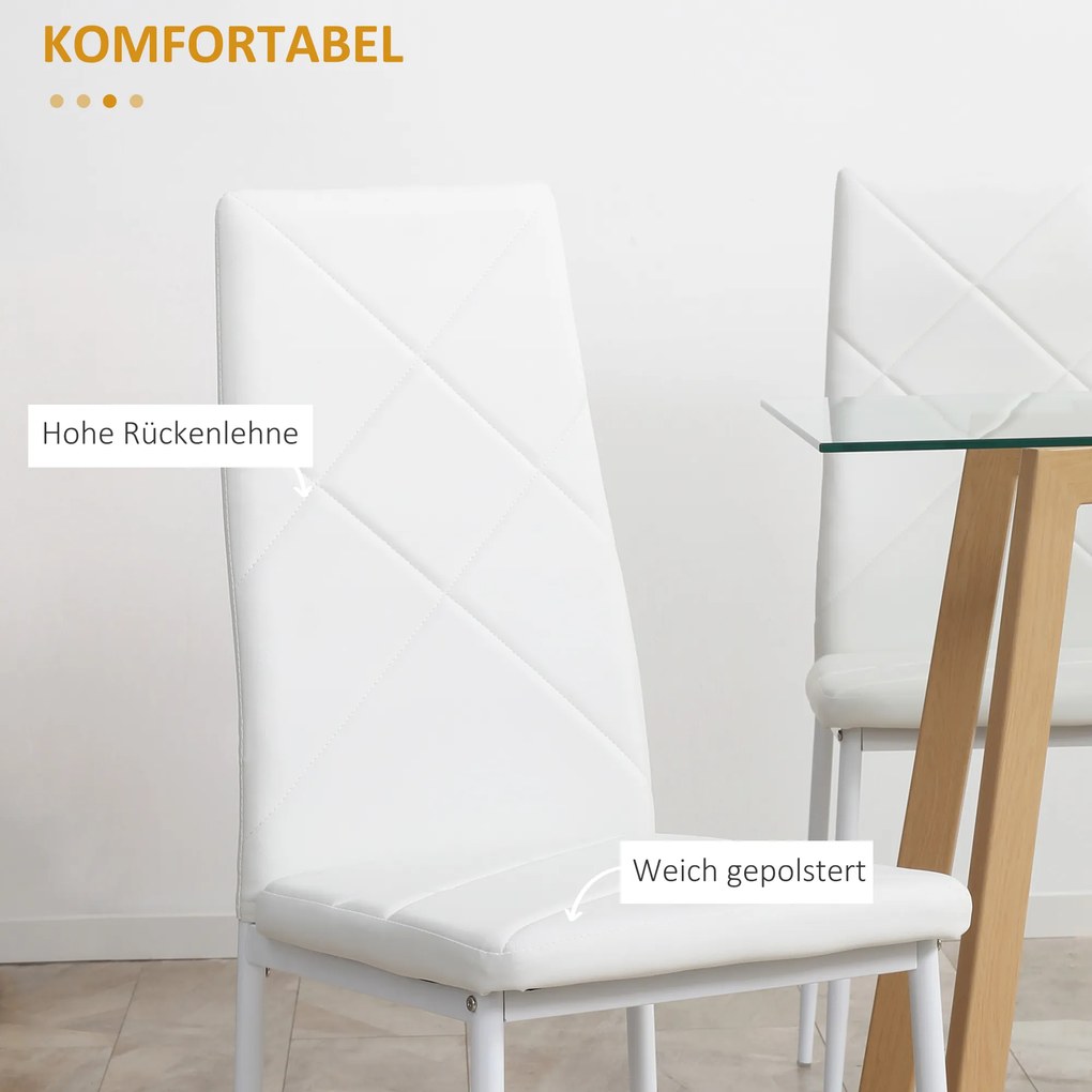 HOMCOM Jídelní židle, sada 4 kuchyňských židlí, čalouněné jídelní židle, jídelní židle, čalouněná židle s ocelovými nohami, imitace kůže, bílá | Aosom