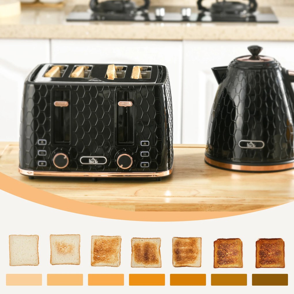 HOMCOM 2v1 kuchyňská sada, toustovač a rychlovarná konvice, různé možnosti, 1,7 l, 4 krajíce toastu najednou, plast, černá