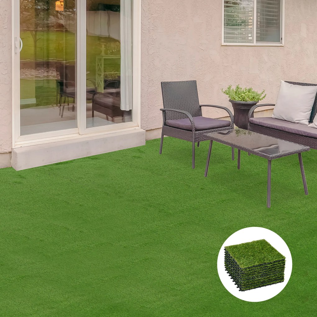 Outsunny umělá tráva 10 kusů travní koberec 30 x 30 cm 25 mm tmavě zelený pro balkonovou zahradu, odolný a snadno udržovatelný, umělý trávník z plastu