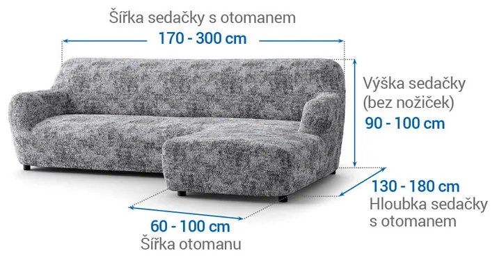 Bielastické potahy MARMO šedé sedačka s otomanem vpravo (š. 170 -300 cm)