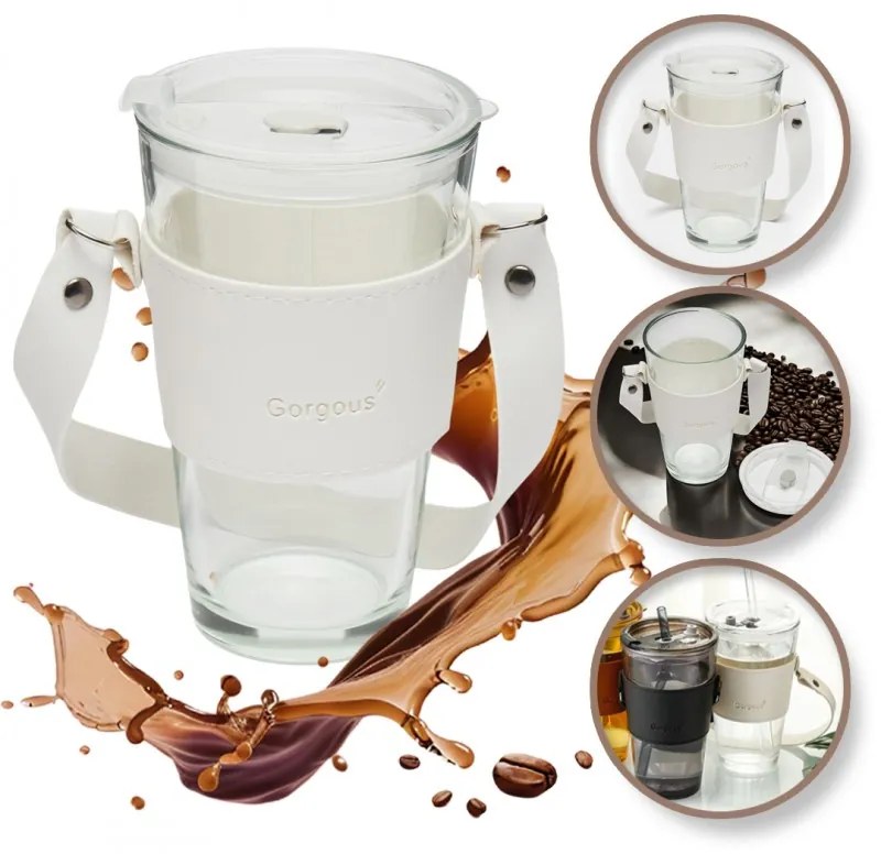 Flamenco Mystique Hrnek ze skla na kávu a čaj se slámkou a víčkem 450 ml cup09b