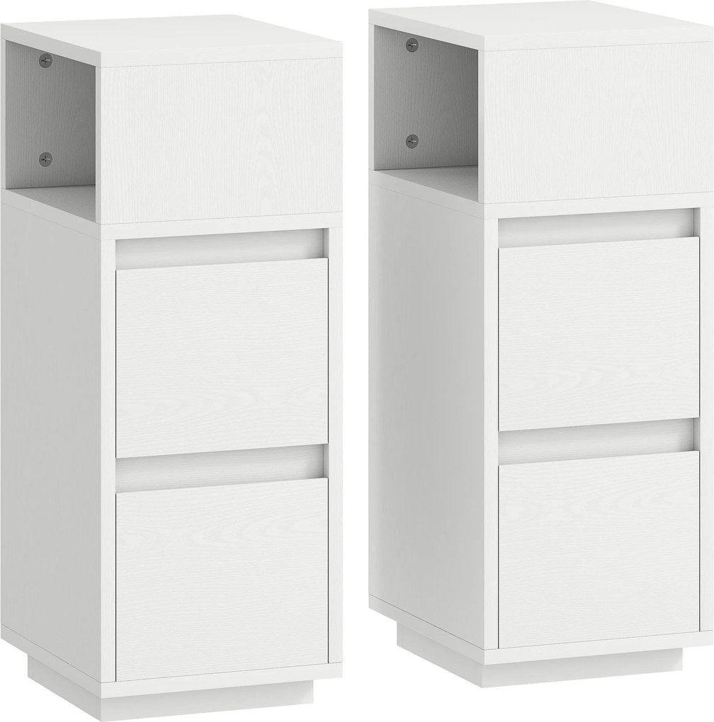 HOMCOM sada 2 úzkých vysokých nočních stolků se 2 zásuvkami a otevřenou policí — úsporné moderní stolky do ložnice a obýváku, 25 x 30 x 65 cm, bílá