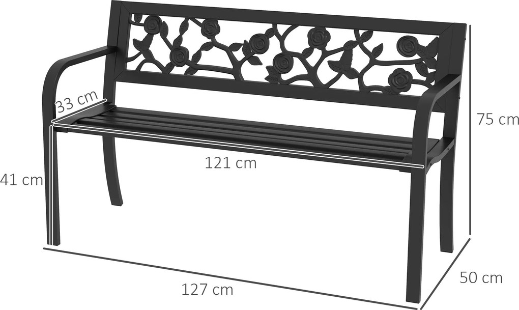Zahradní lavice Outsunny z oceli, dvoumístná venkovní lavice s dekorativním opěradlem a loketními opěrkami, 127x50x75 cm, černá