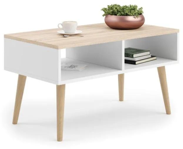 Benlemi Scandi konferenční stolek SANDI na vysokých dřevěných nohách bílý, dub sonoma