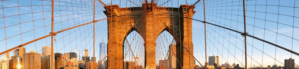 DIMEX | Fototapeta do kuchyně Brooklyn Bridge KI-260-116 | 260 x 60 cm | modrá, oranžová, hnědá