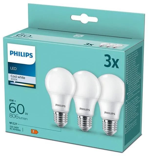 Philips | SADA 3x LED Žárovka Philips A60 E27/8W/230V 4000K | P4398