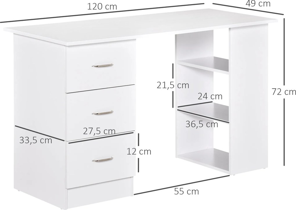 HOMCOM Stůl s úložným prostorem, Počítačový stůl 120 x 50 cm, Počítačový stůl se policemi a šuplíky, pro malé prostory, Ložnice, Bílý
