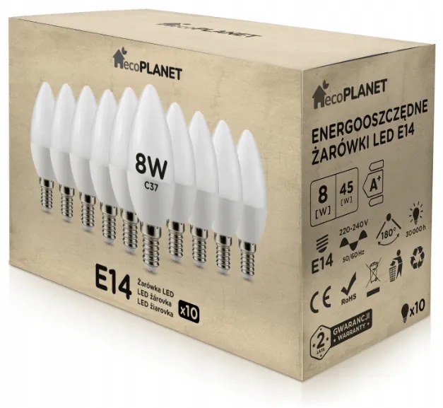 ecoPLANET 10x LED žárovka E14 svíčka 8W 700lm - neutrální bílá