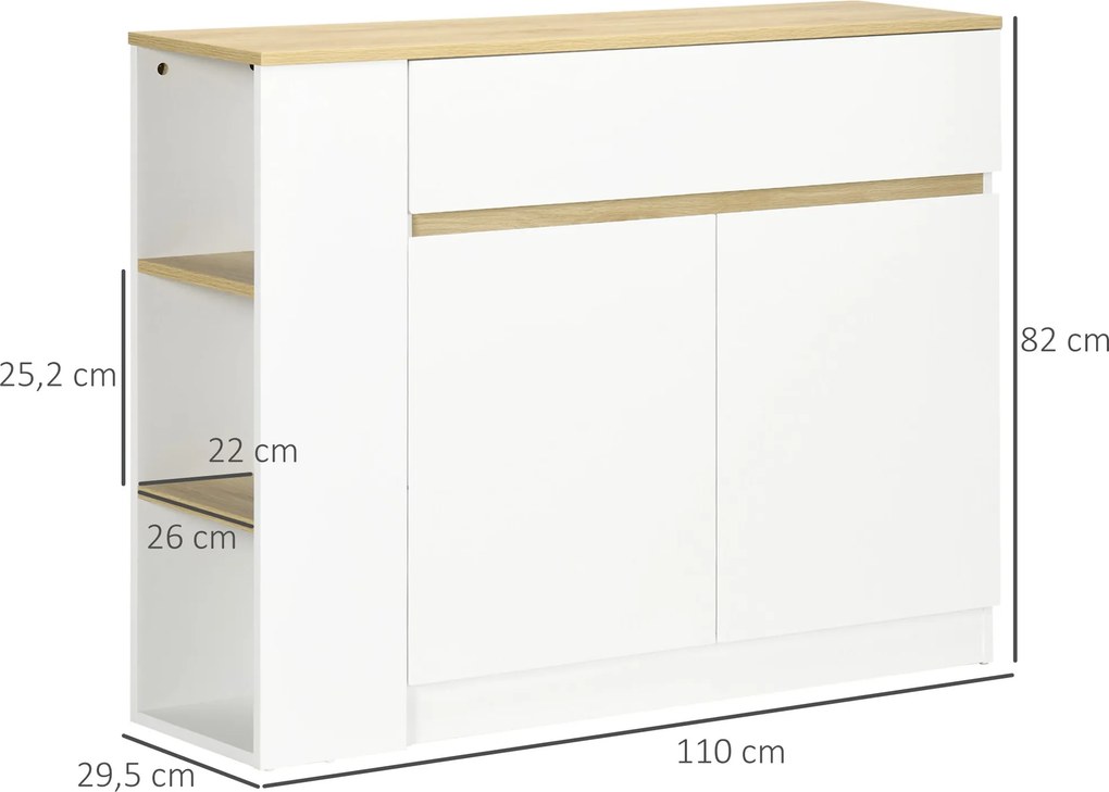HOMCOM Bílý Kuchyňský Kredenc se 2 Dveřmi, Zásuvkou a 3 Otevřenými Policemi pro Obývací Pokoj a Jídelnu 110x29.5x82 cm