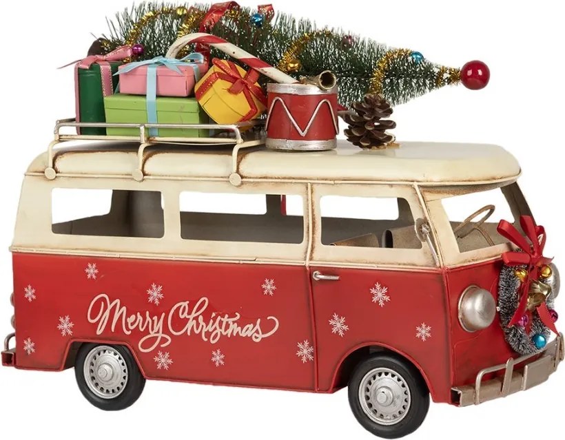 Červený retro model autobus s dárky a stromkem Christmas - 38*16*28 cm
