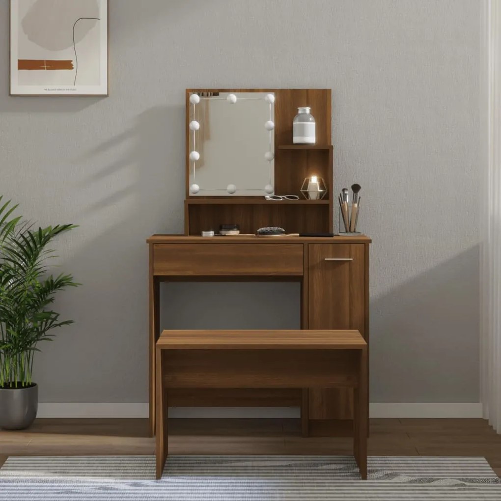 Toaletní stolek sada s LED hnědý dub kompozitní dřevo - Default Title