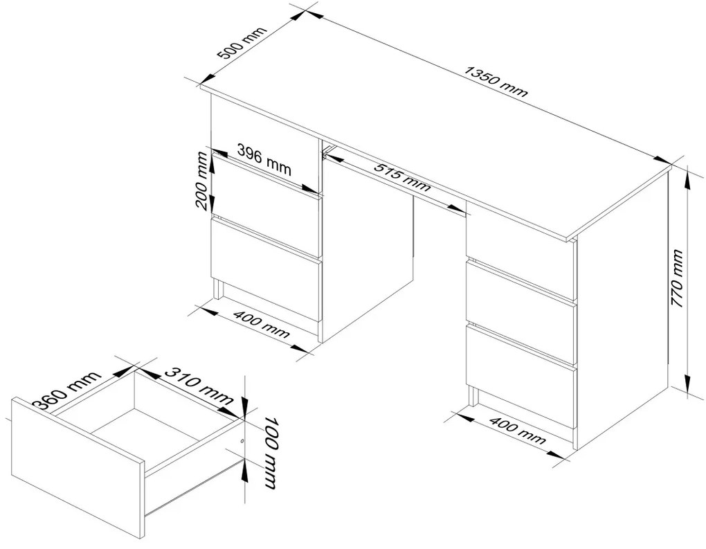 Psací stůl A-11 135 cm bílý/dub sonoma