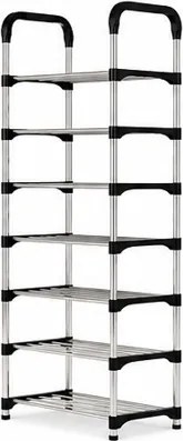botník, 8 pater, kov/plast, 150x58x25 cm, chrom/černá, Dekorino BB20260058