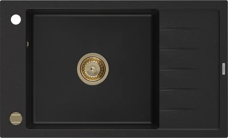 Mexen Elias, granitový dřez granitový 795x480x200 mm, 1-komorový, černá se zlatým sifonem, 6511791005-77-G