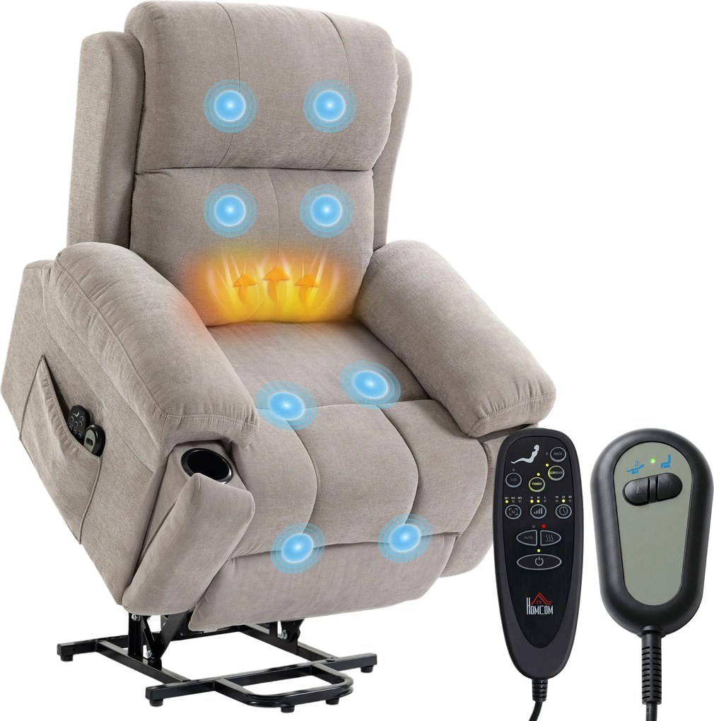 HOMCOM Elektrické křeslo s funkcí vstávání, nastavitelné, 8bodová masáž, chenille, 2 dálkové ovladače, béžové