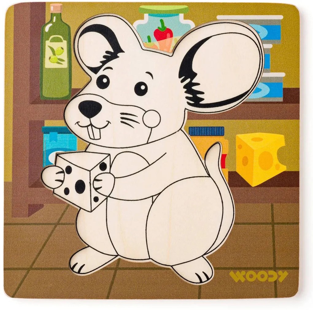WOODY DŘEVO Baby vkládací puzzle myška skládačka 5 dílků na desce 91365