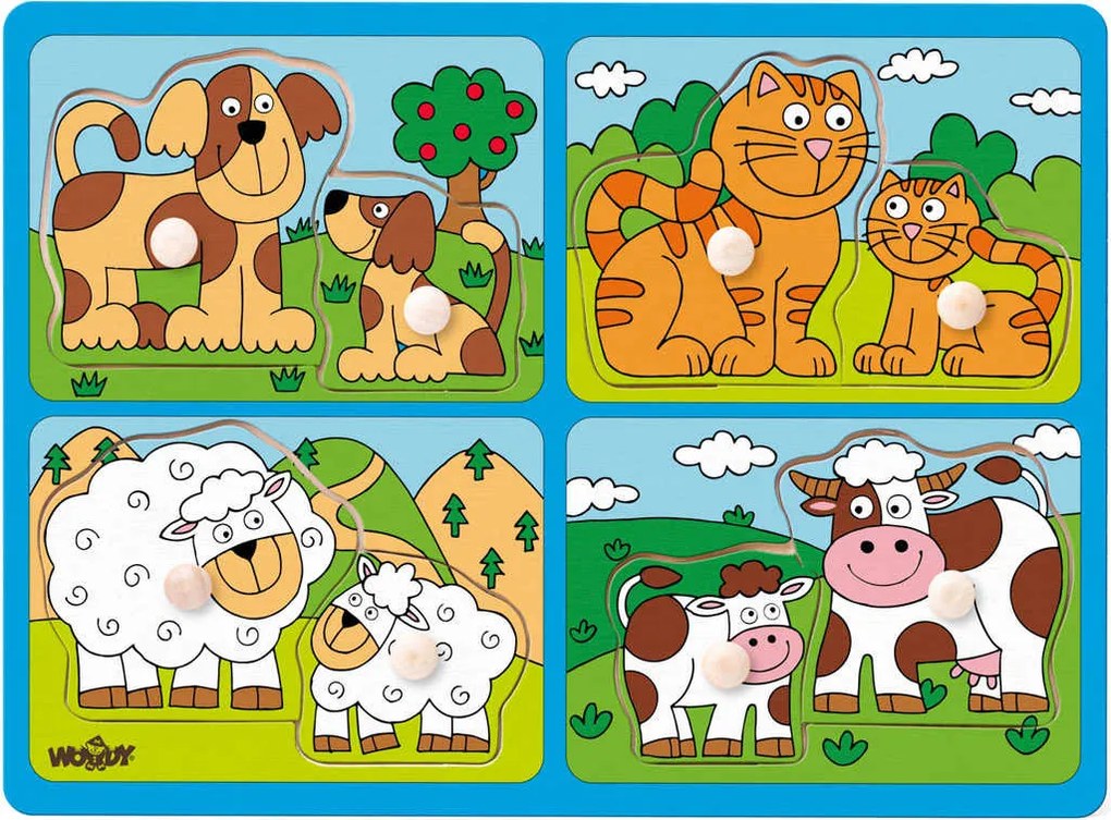 WOODY DŘEVO Baby puzzle mláďata s úchyty 4x2 dílky na desce pro miminko 91913