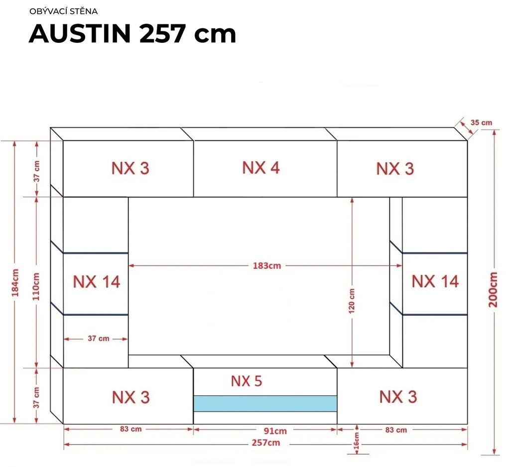 Ral Obývací stěna AUSTIN 1, 257 cm - Černý lesk