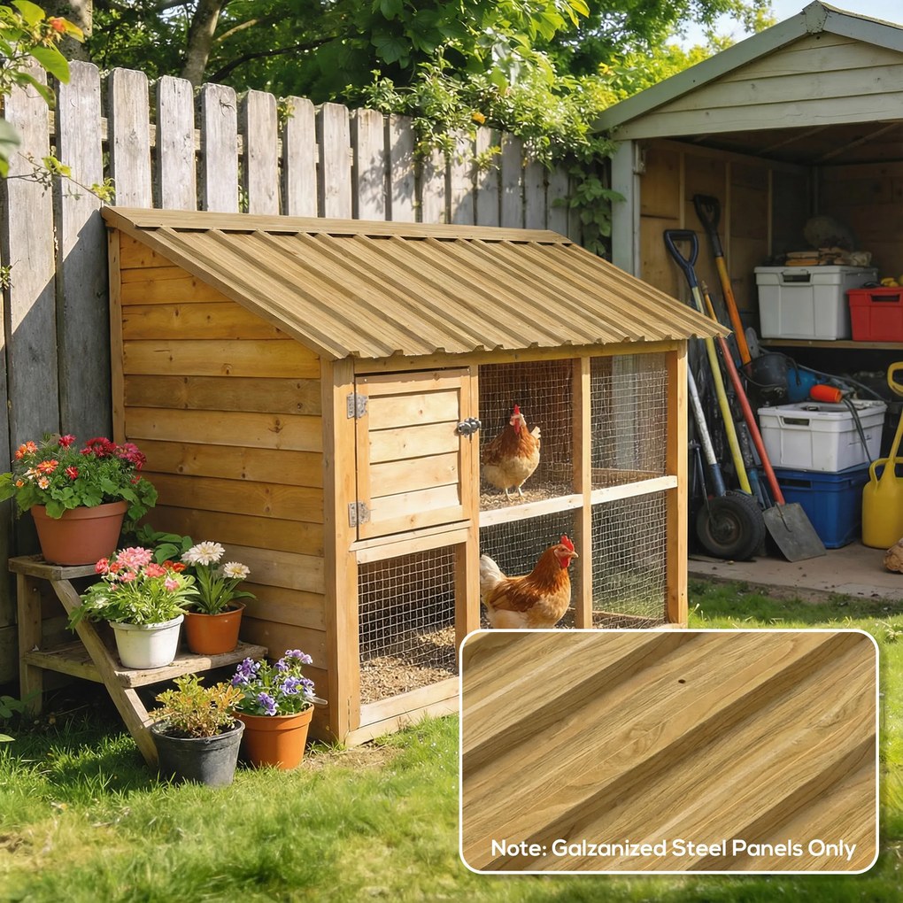 Outsunny 12 kusů trapézového plechu 129x45cm 7m² pozinkovaný střešní plech 0,25 mm odolný proti počasí přírodní dřevo
