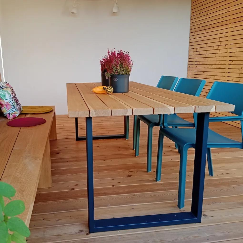 KULHÁNEK Zahradní stůl - kombinace dřeva a oceli Odstín nátěru: individuální, Velikost desky: 150x80 cm, Odstín podnože: antracit - RAL 7016
