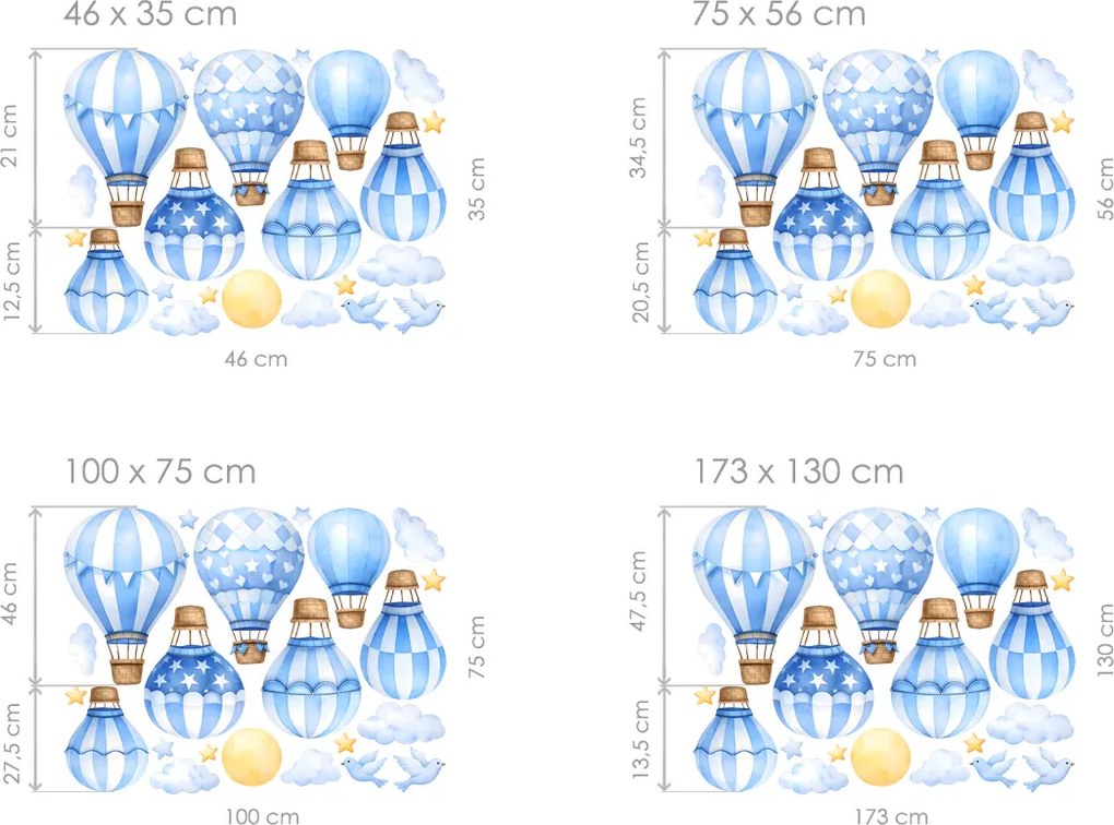 Akvarelové létající balóny modré samolepky na zeď arch 173 x 130 cm