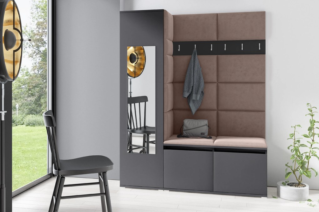 Eka Předsíňová stěna s čalouněnými panely Trinity 14 - Grafit / Světlá hnědá 2306