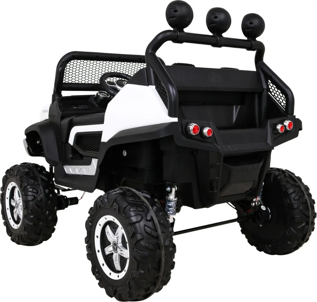 Ramiz Mercedes Benz Unimog elektrické autíčko pro děti bílé + pohon 4x4 + dálkové ovládání + nosič zavazadel + pomalý start + MP3 + LED