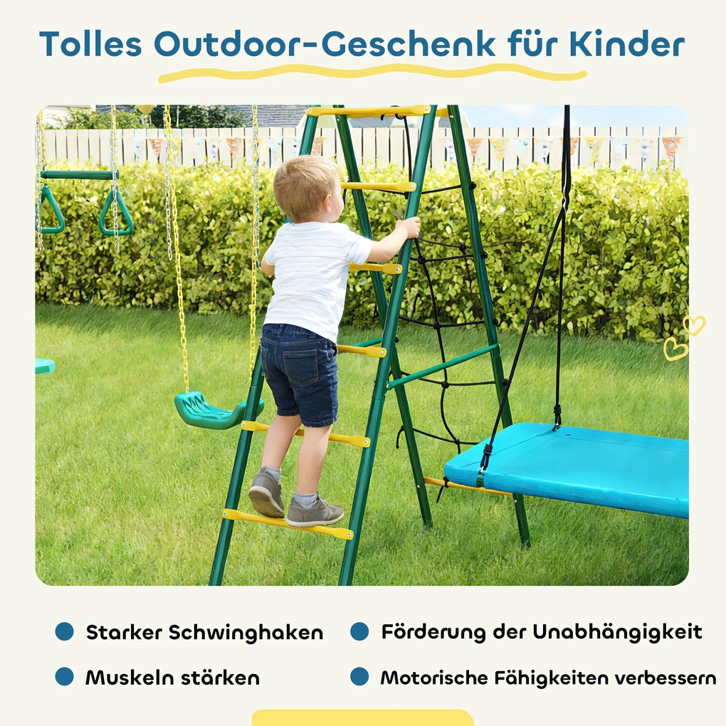 houpací rám 5 v 1 s nastavitelným hnízdem Gymnastické kruhy Dvoumístná prolézačka pro 3-8 let 440x175x203 cm