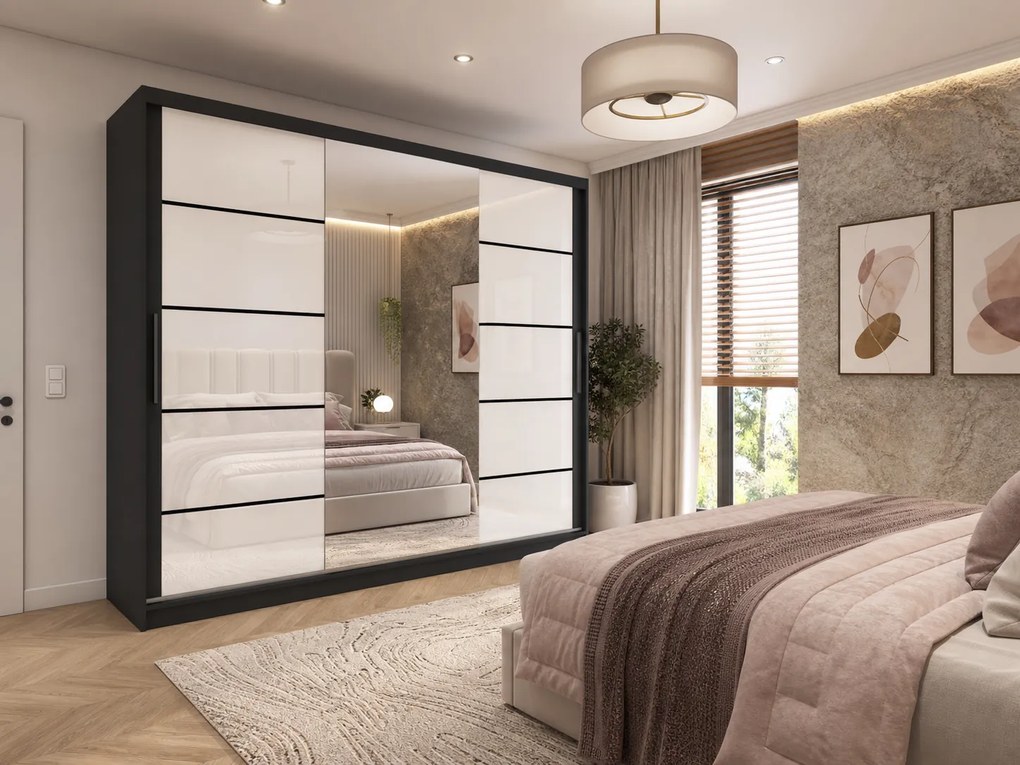 Šatní skříň 232 cm Belini černý mat / bílý lesk s posuvnými dveřmi zrcadlem a zásuvkami MGB SZP8/0/B/2W1L/KLP