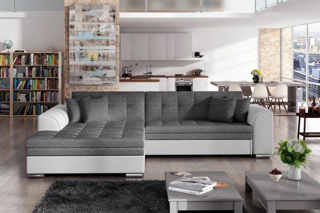 Sedačky-nábytek, SYDNEY moderní rozkládací rohová sedačka s širokou lenoškou, bílo-šedá, 295x195 cm