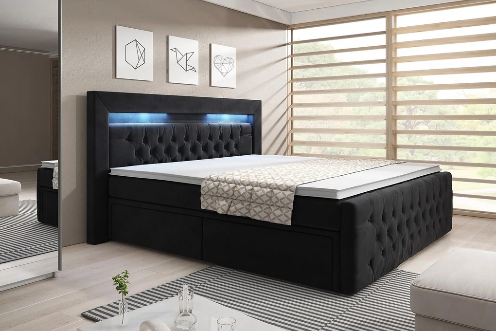 K&M postele Boxspring postel MENZOGNA s úložným prostorem a LED Velikost postele: 200 × 200 cm, Výběr matrace: Oboustranná pružinová matrace - středn…