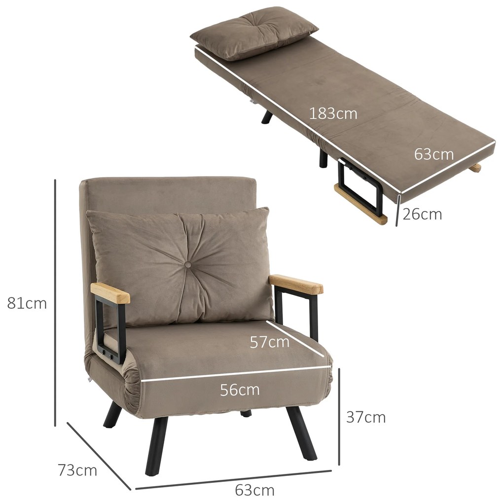 HOMCOM Křeslo s funkcí lůžka, 63 x 73 x 81 cm, s opěradlem nastavitelným v pěti směrech, prostorově úsporné, robustní, sametový vzhled, světle hnědé|…
