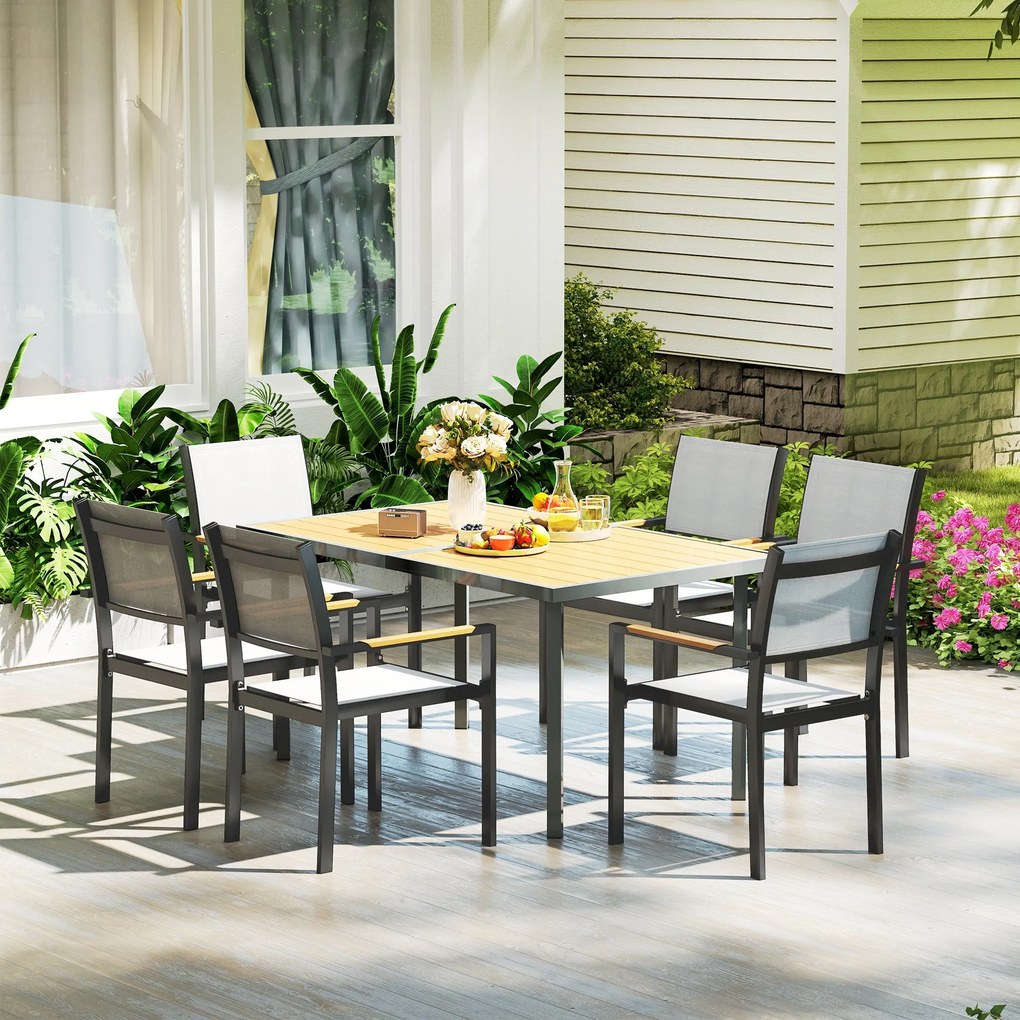 Jídelní stůl Outsunny pro 6 osob, zahradní stůl s obdélníkovým vrchem z oceli s dřevěným efektem, proti rezivění, pro terasu, 150 x 90 x 72 cm, příro…