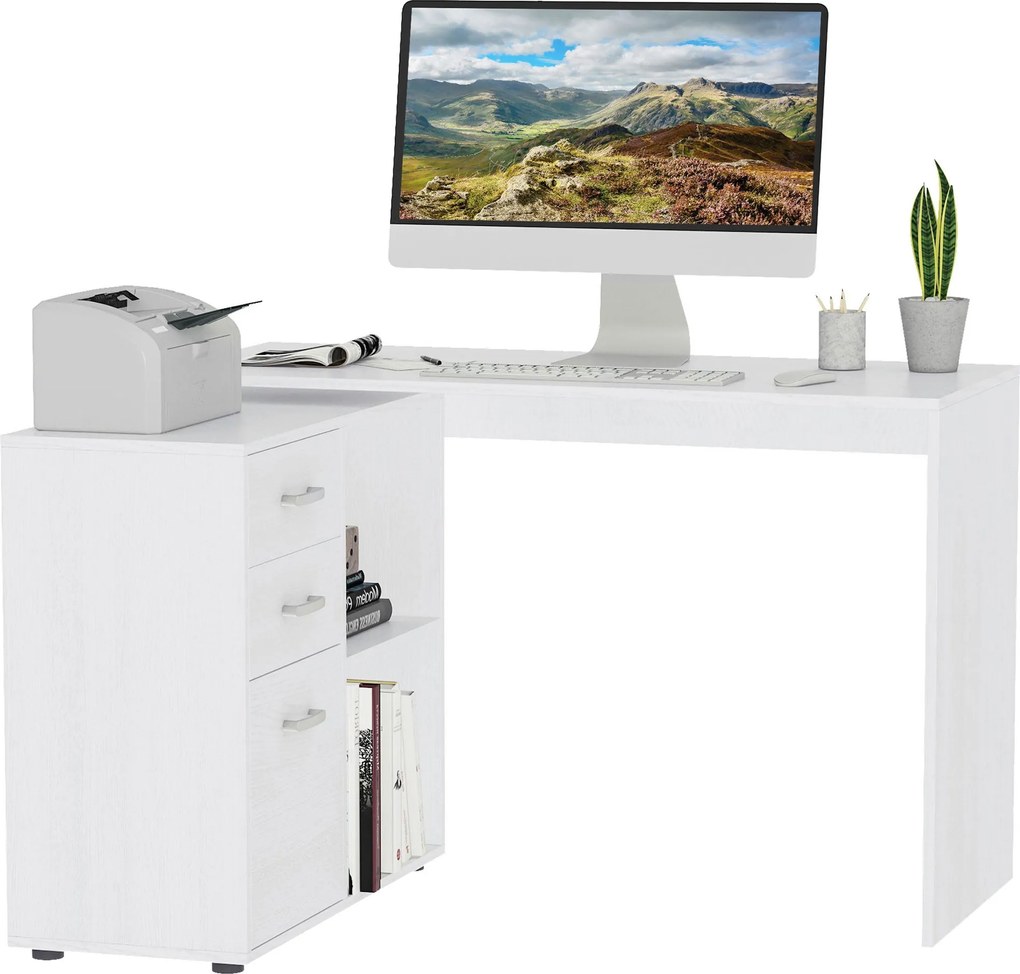 HOMCOM Bílý Moduární Rohový Rovný Stůl Jídelní Stůl 2 v 1 Počítačový Stůl 3 Šuplíky + 2 Polic MDF