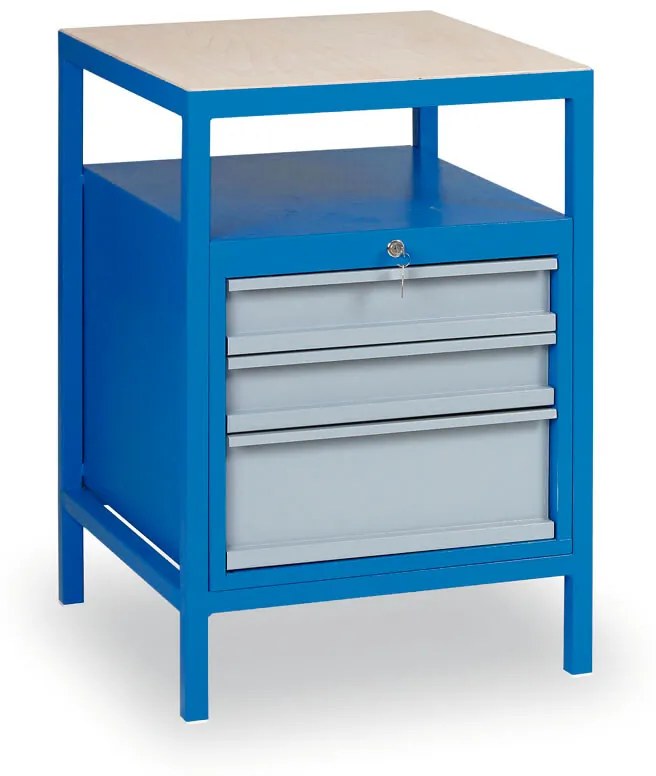Přístavný dílenský zásuvkový box na nářadí k pracovním stolům GD, 3 zásuvky, 1 police, 575 x 600 x 850 mm, modrá