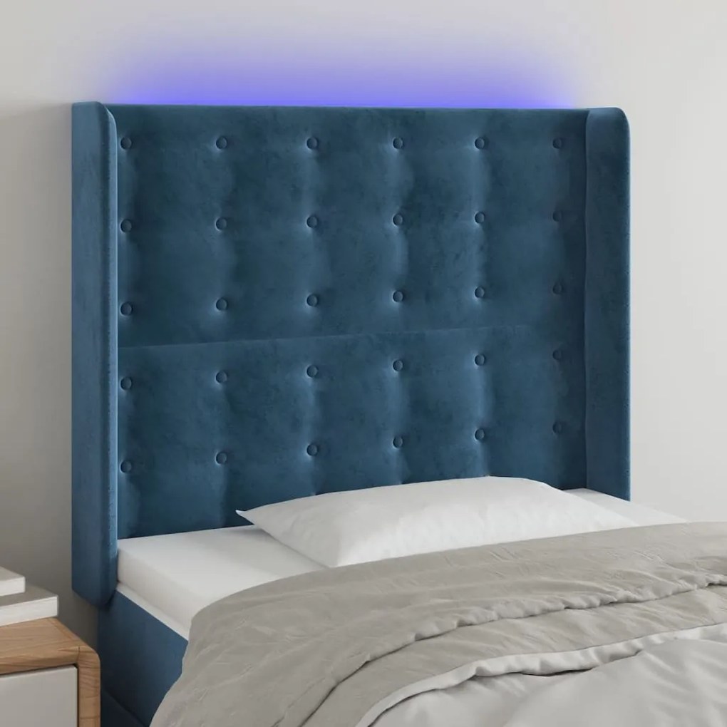 Čelo postele s LED tmavě modré 103 x 16 x 118/128 cm textil 3124528