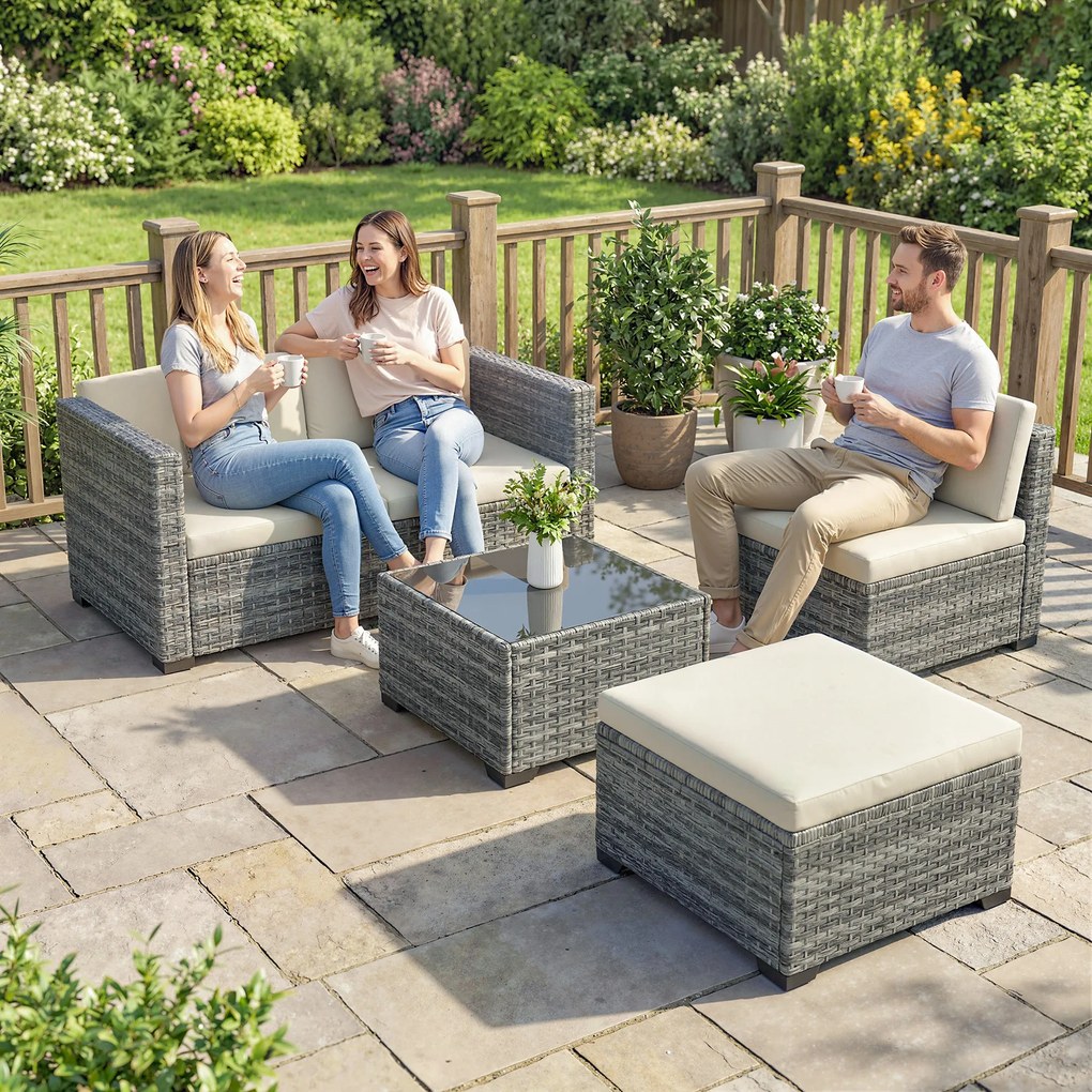 Polyratanový zahradní nábytek 5dílný, lounge set s rohovou pohovkou s taburetem, sedákem a opěrnými polštáři šedý+krémově bílý