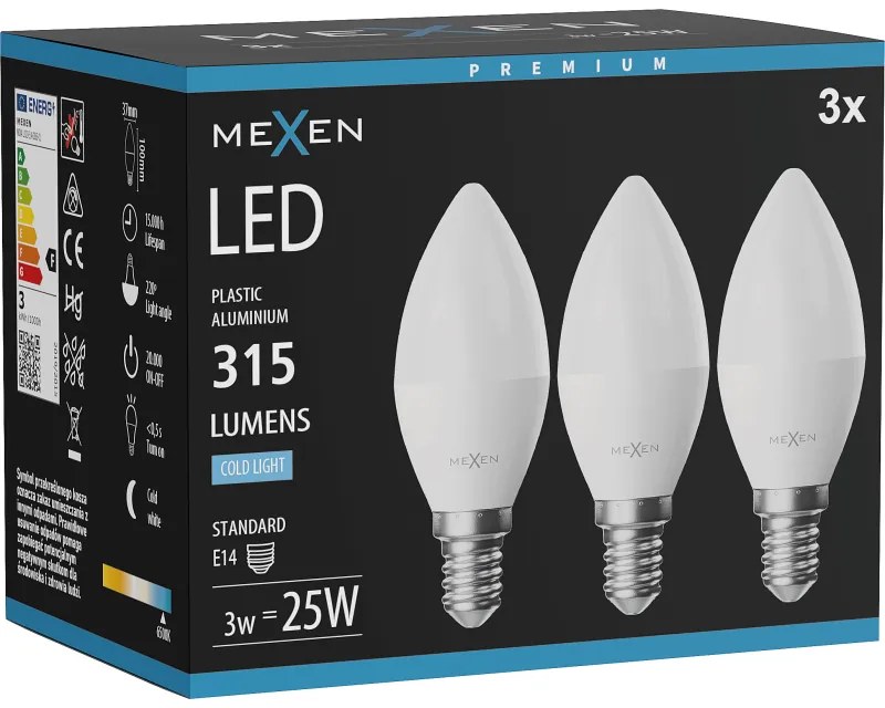 Mexen Nova 3x LED žárovka E14, C37, 3W, Studená - 6500K, 315 lm - L102-E14-0365-01x03