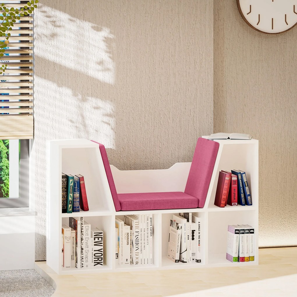 HOMCOM Moderní Design 2-v-1 Knihařská Lavice s 6 Úložnými Prostředky a 3 Polštářky 102L x 30W x 61H cm Bílá Růžová
