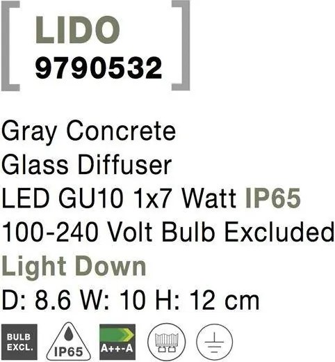NV 9790532 Venkovní nástěnné svítidlo LIDO šedý beton skleněný difuzor GU10 1x7W IP65 100-240V bez žárovky světlo dolů - NOVA LUCE