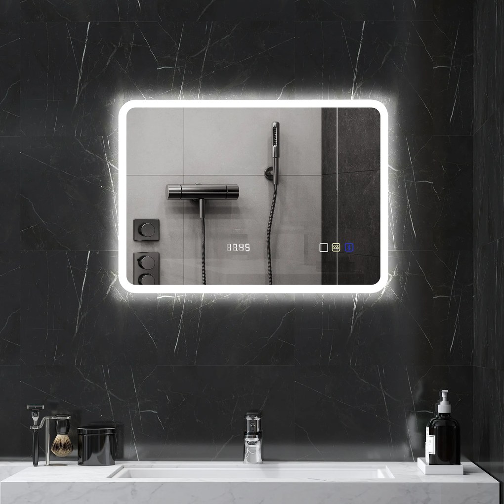 HOMCOM koupelnové zrcadlo s LED světlem 70x50 cm s Bluetooth, 3 barvy světla, digitální hodiny, funkce proti zamlžení, paměťová funkce