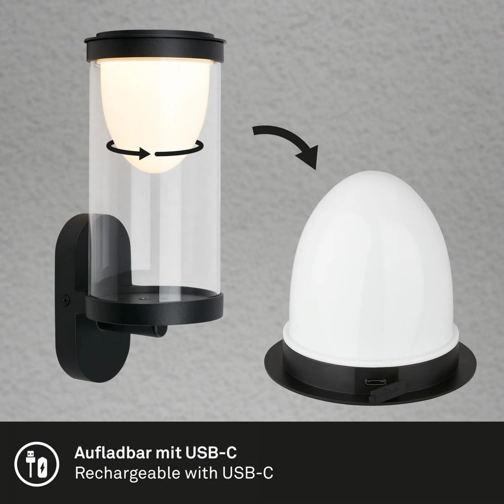 BRI 3930015 LED nabíjecí nástěnné svítidlo, venkovní, dotykový vypínač, vyměnitelné baterie, vč. USB-C kabelu, stmívatelné, IP44, černé - BRILONER