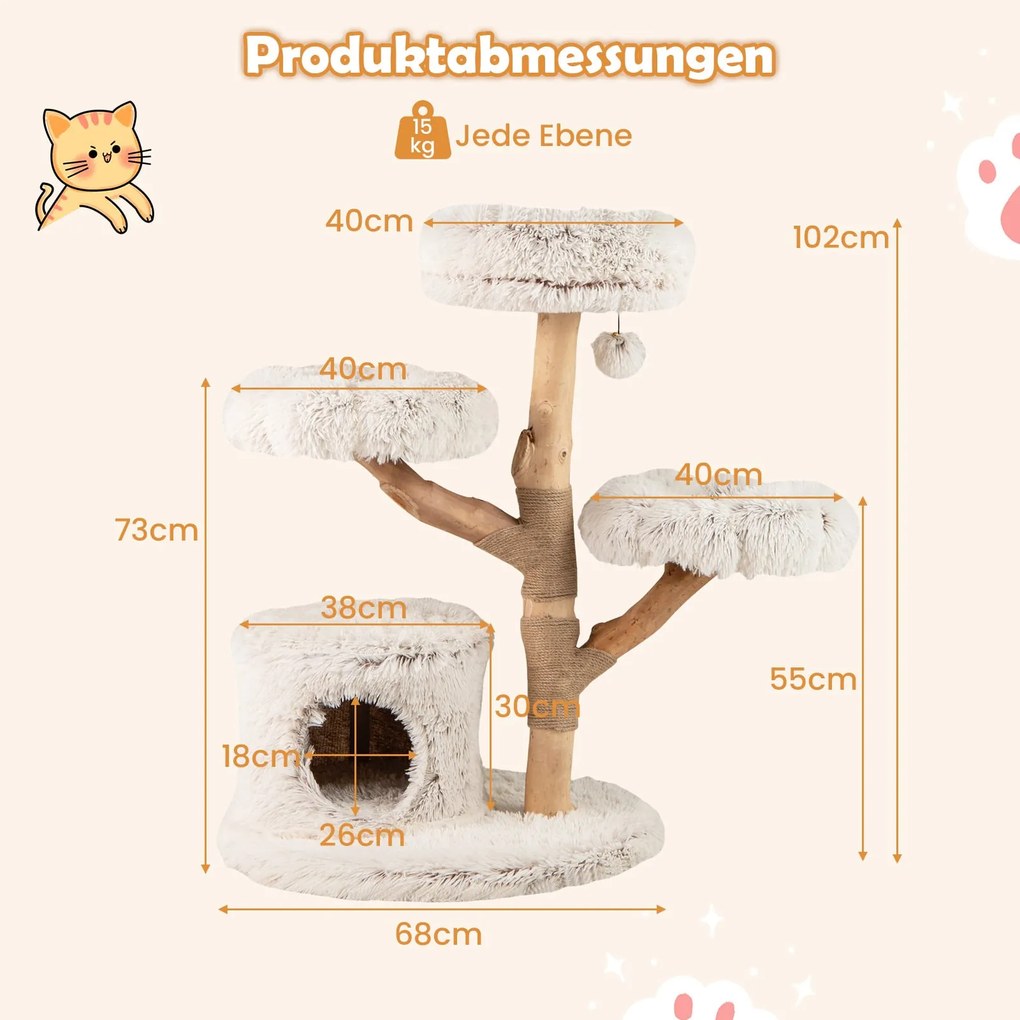 Costway 102 cm vysoké moderní škrabadlo s kmenem z pravého dřeva a visutou