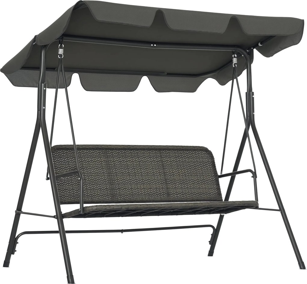 Outsunny zahradní houpačka pro tři osoby s nastavitelnou stříškou, sedadlo z PE ratanu a opěrkami na balkón, terasu, patio, nosnost 240 kg, 167x112x15