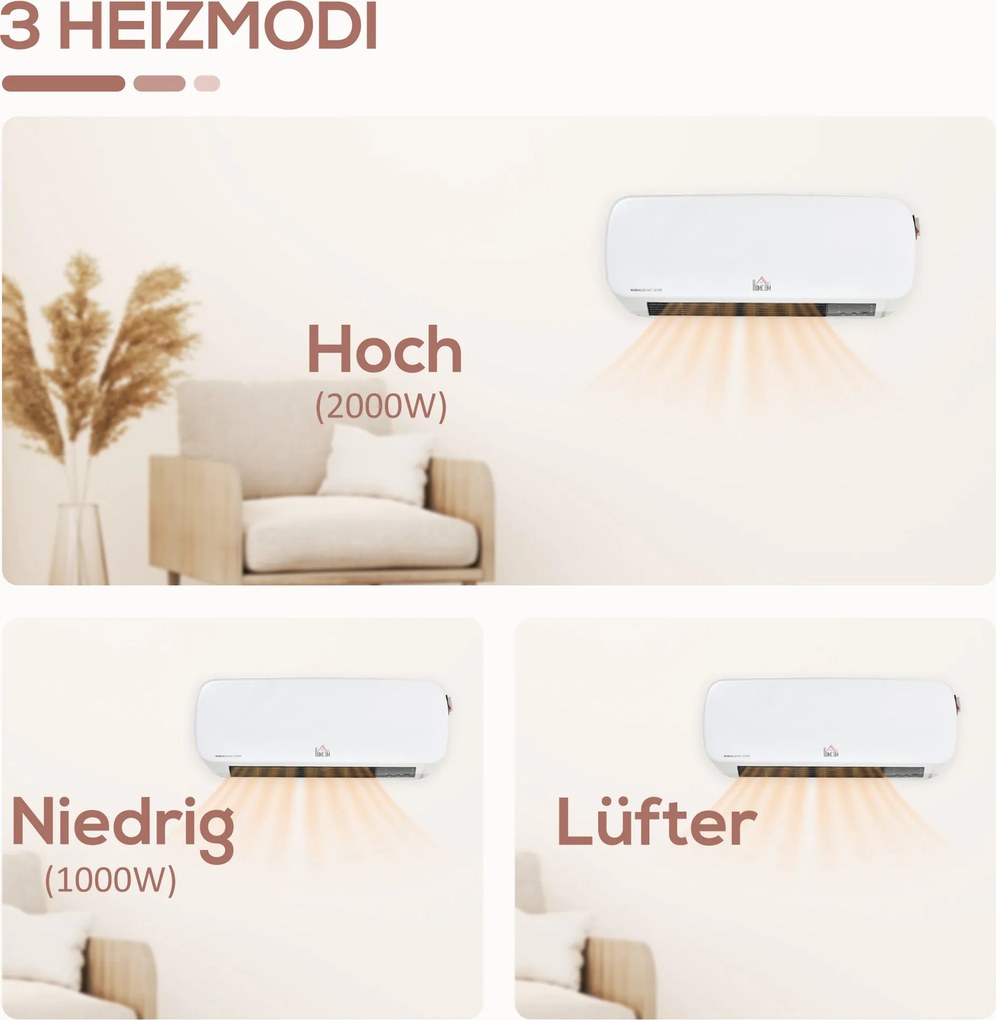 HOMCOM Topný ventilátor na stěnu 2000W s dálkovým ovládáním, 2 topné režimy, LED displej, 12hodinový časovač pro koupelnu 820-254